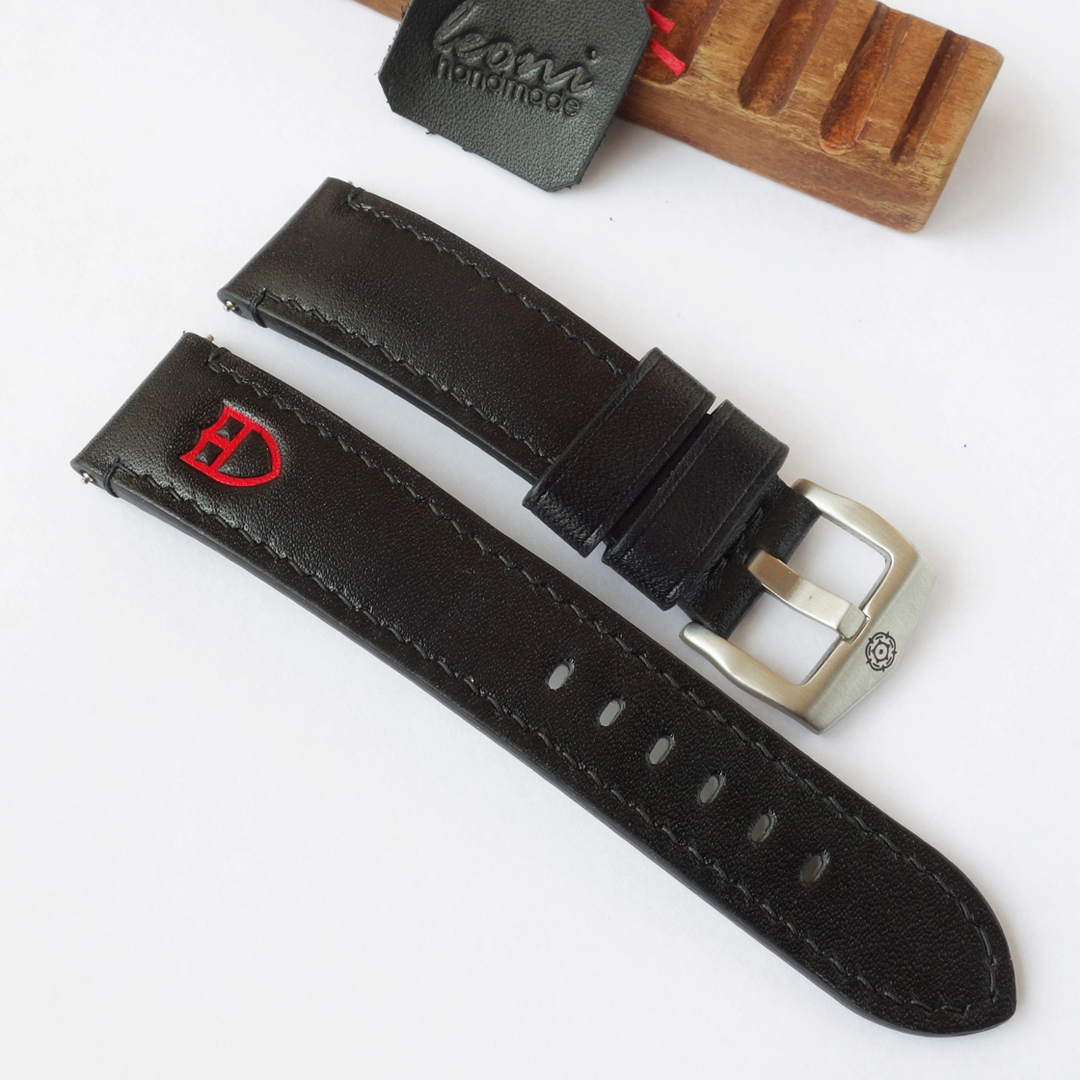 Watch strap for Tudor, black leather & red shield - Leoni straps