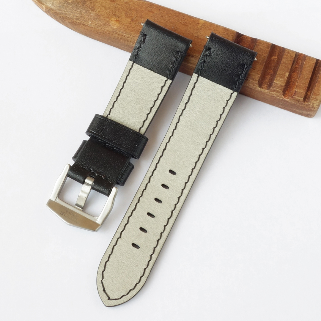 Watch strap for Tudor, black leather & red shield - Leoni straps