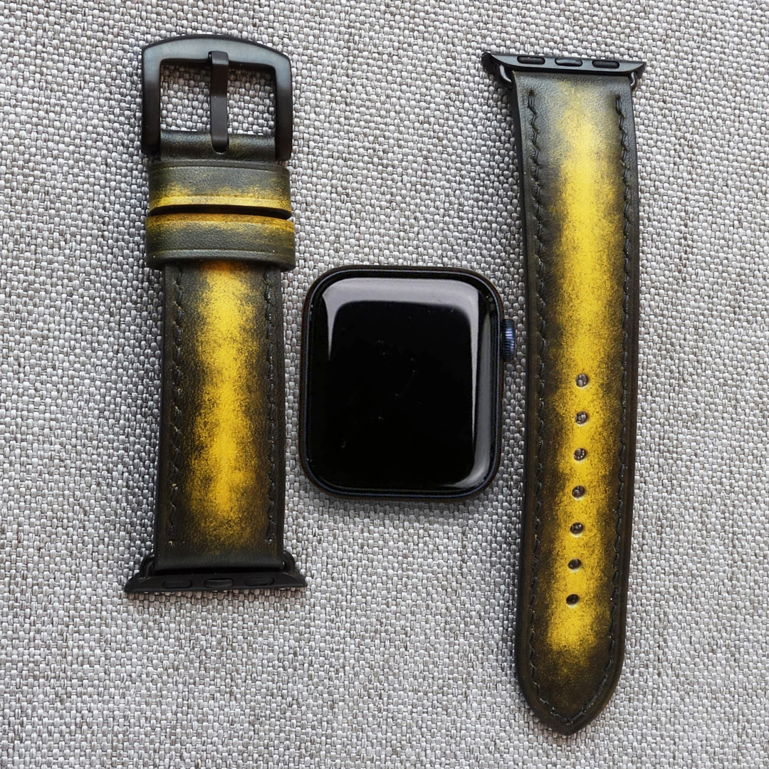 Apple watch Black & Yellow strap, genuine leather, handmade - Leoni straps