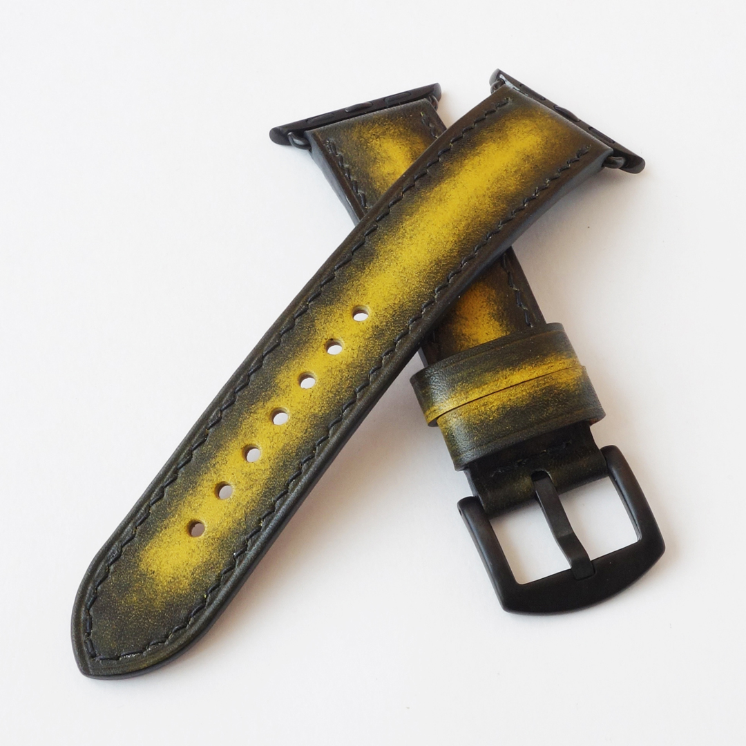 Apple watch Black & Yellow strap, genuine leather, handmade - Leoni straps