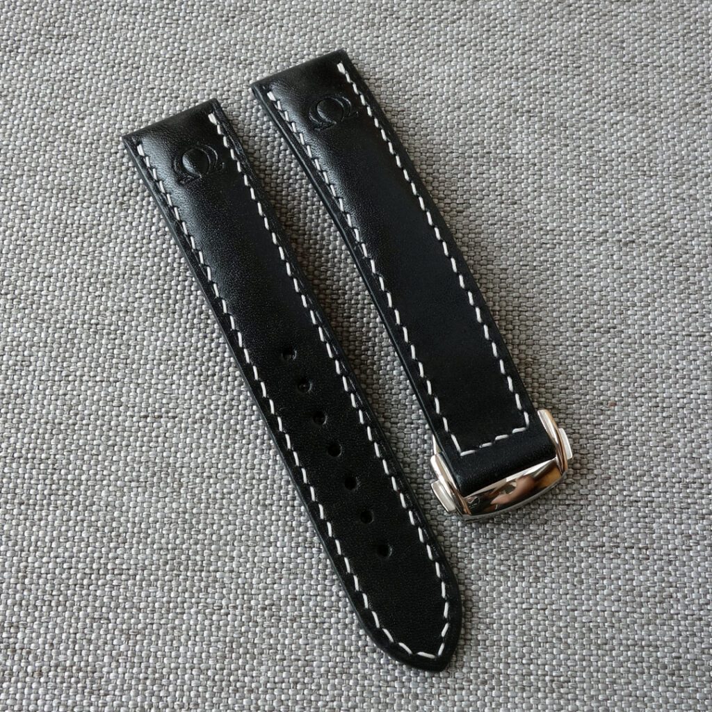 Black leather watch strap for OMEGA, deployment clasp - Leoni straps