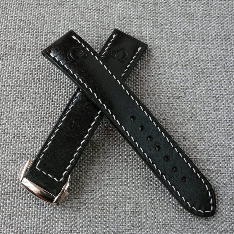Black leather watch strap for OMEGA, deployment clasp - Leoni straps