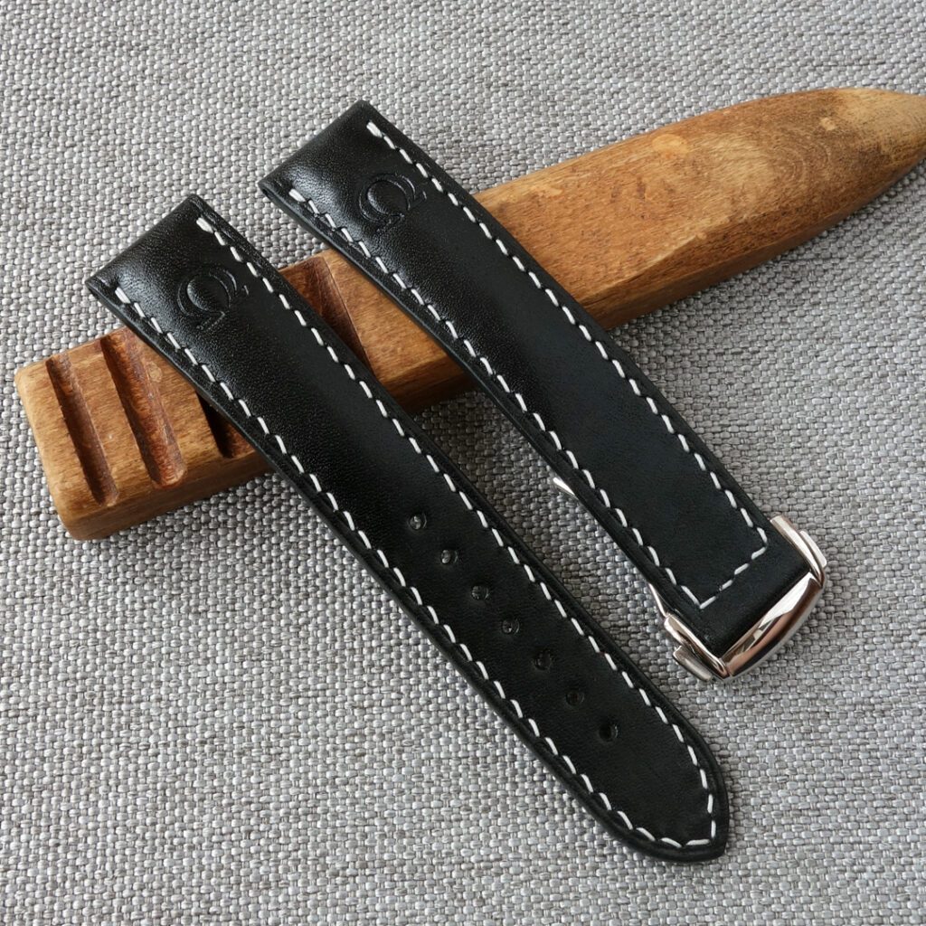 Black leather watch strap for OMEGA, deployment clasp - Leoni straps